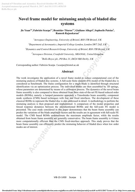 Pdf Novel Frame Model For Mistuning Analysis Of Bladed Disk Systems
