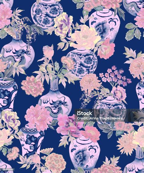 국화 모란 장미의 꽃다발이있는 푸른 중국 화병 전통적인 동양 상징으로 수채화로 칠해진 완벽한 패턴 0명에 대한 스톡 벡터 아트 및 기타 이미지 Istock