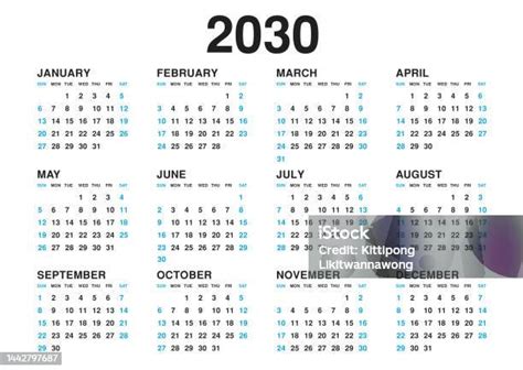 달력 2030 템플릿 벡터 간단한 최소 디자인 플래너 2030 년 벽 달력 2030 년 주 시작 일요일 12 달력 세트 광고 인쇄 문구류 파란색 휴일 10월에 대한 스톡