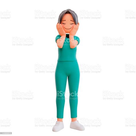병원 가운 유니폼을 입은 3d 렌더링 간호사가 뺨을 만지고 귀여움을 느낀다 3차원 형태에 대한 스톡 사진 및 기타 이미지 3차원 형태 간호사 건강관리와 의술 Istock