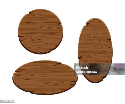 흰색 배경에 고립 된 둥근 나무 표지판과 타원형 나무 패널 프레임 만화 스타일 세트 컬렉션 나무 판자 갈색 복사 공간 메시지 텍스트에 대한 빈 나무 표지판 나무판넬에 대한