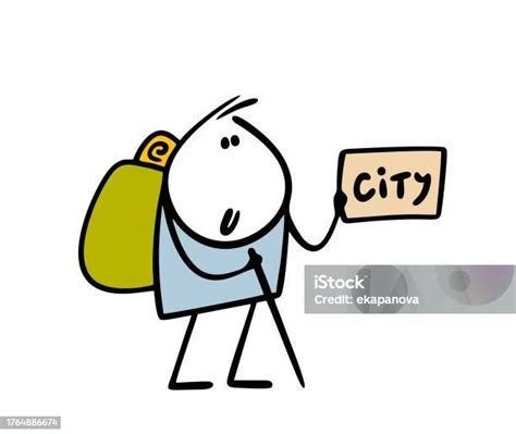 큰 배낭과 표지판을 든 히치하이커가 시선을 끌고 도로에서 지나가는 차를 기다리는 투표를 합니다 고속도로에서 대담한 Stickman의 벡터 그림입니다 만화 캐릭터는 흰색에