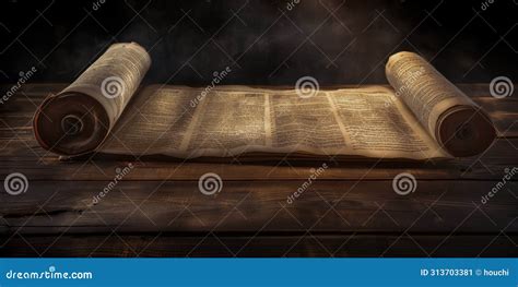 Sacred Scroll Resting On A Wooden Surface An Unrolled Parchment Reveals The Torah Or Pentateuch