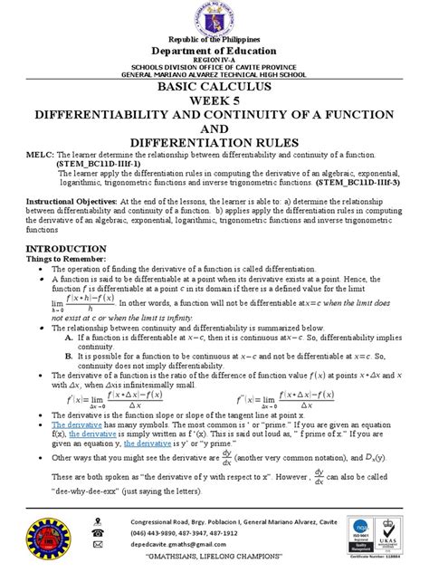 Basic Calculus Activity Sheets Week 5 Pdf Derivative Continuous