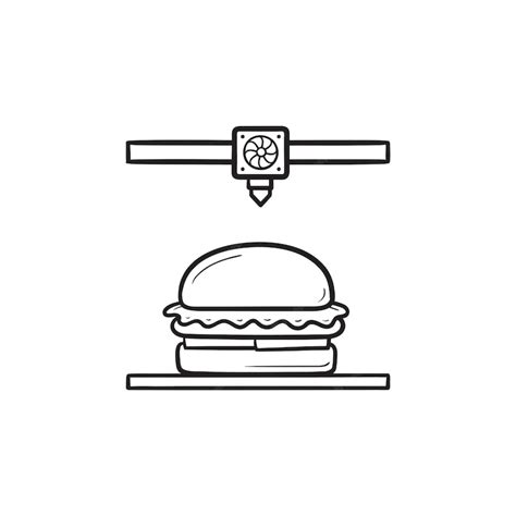 햄버거 손으로 그린 개요 낙서 아이콘을 만드는 3d 프린터 식용 식품 혁신 기술 개념을 인쇄합니다 인쇄 웹 모바일 및 흰색 배경에 인포 그래픽에 대한 벡터 스케치