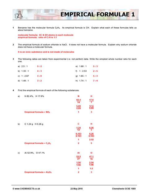 Chemsheets Gcse 1089 Empirical Formulae 1 Ans Ytw89 4 6 Pdf Molecules Physical Sciences