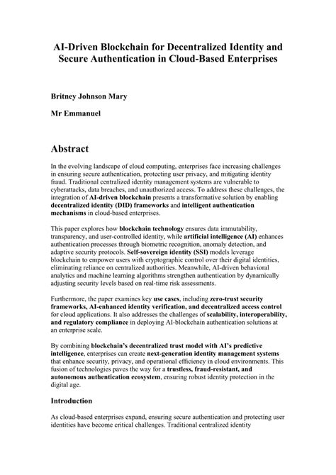 Pdf Ai Driven Blockchain For Decentralized Identity And Secure Authentication In Cloud Based