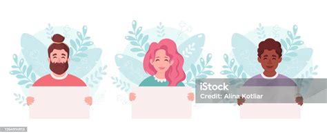 빈 깃발을 들고 있는 사람들 빈 현수막으로 미소짓는 사람들 벡터 일러스트레이션 등장인물에 대한 스톡 벡터 아트 및 기타 이미지 등장인물 쥠 플래카드 Istock