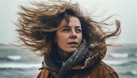 Premium Ai Image Young Women Feel The Cold Wind On The Beach