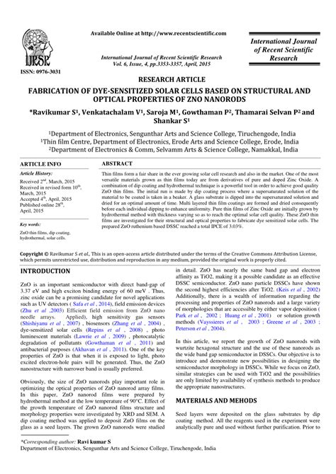 Pdf Fabrication Of Dye Sensitized Solar Cells Based On Structural And Optical Properties Of