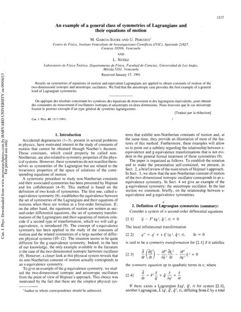 Pdf An Example Of A General Class Of Symmetries Of Lagrangians And