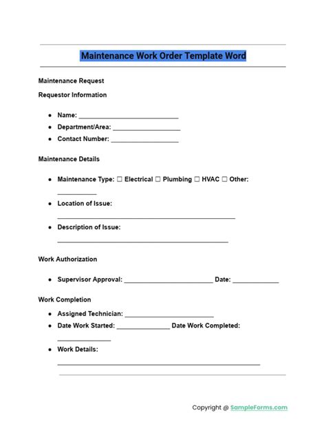 Maintenance Work Order Template Word Pdf