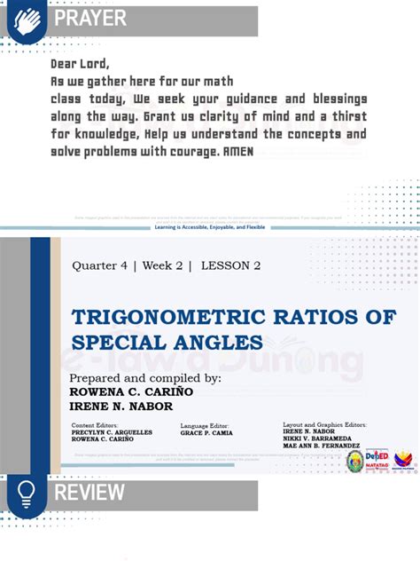 Q4 Presentation Math9 Week2 Trigonometric Ratios Of Special Angles Pdf Trigonometry
