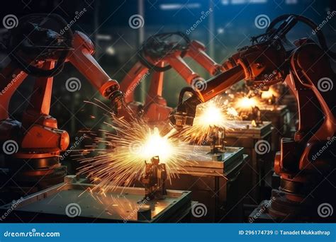 Automated Robotic Arms Line Welding Assembly Car Working At Futuristic