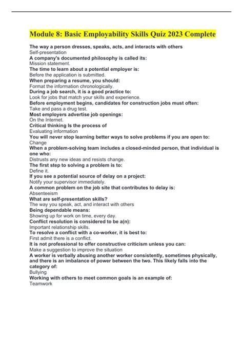 Module 8 Basic Employability Skills Quiz 2023 Complete Nccer Stuvia Us