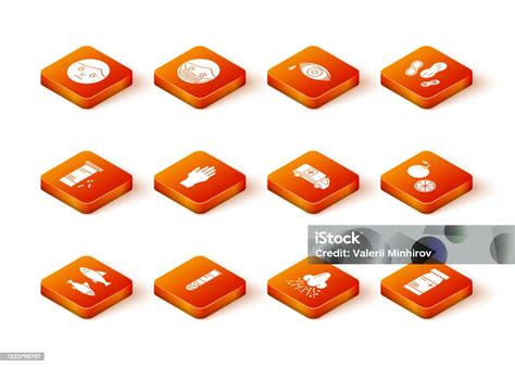 물고기 테스트 튜브 와 플라스크 의학 병 알 약 건선 또는 습 진 Runny 코 비상 차 오렌지 과일 아이콘손 설정 벡터 3차원 형태에 대한 스톡 벡터 아트 및 기타 이미지