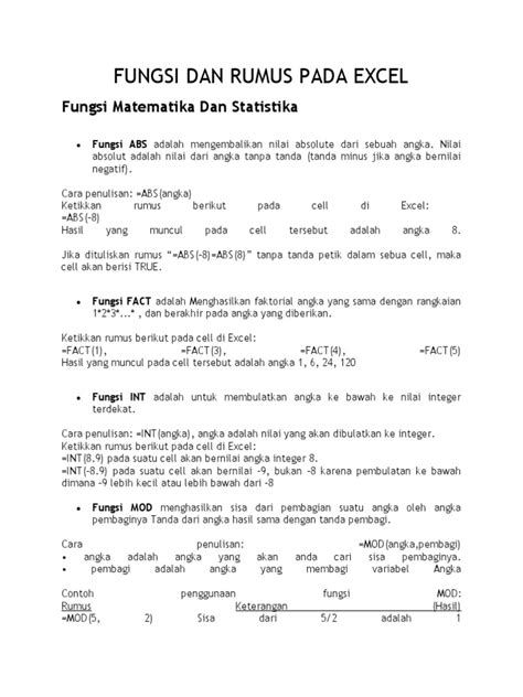 Fungsi Dan Rumus Pada Excel Pdf