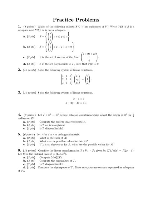 Final Exam Practice Problems Introduction To Linear Algebra Math 235 Docsity