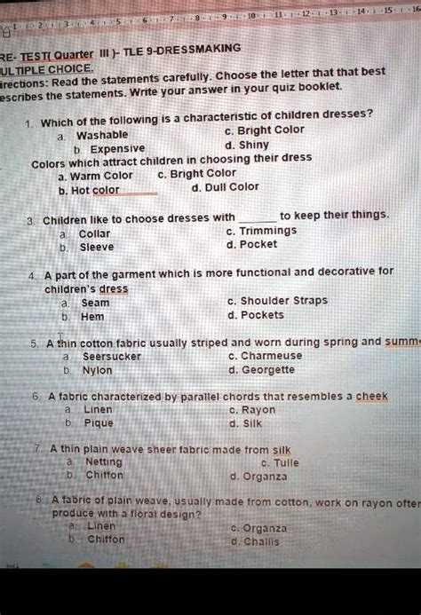 Pasagot Please Asap Na Re Tesi Quarter Iil Tle 9 Dressmaking Ulmple Chqice Carefully Choose The