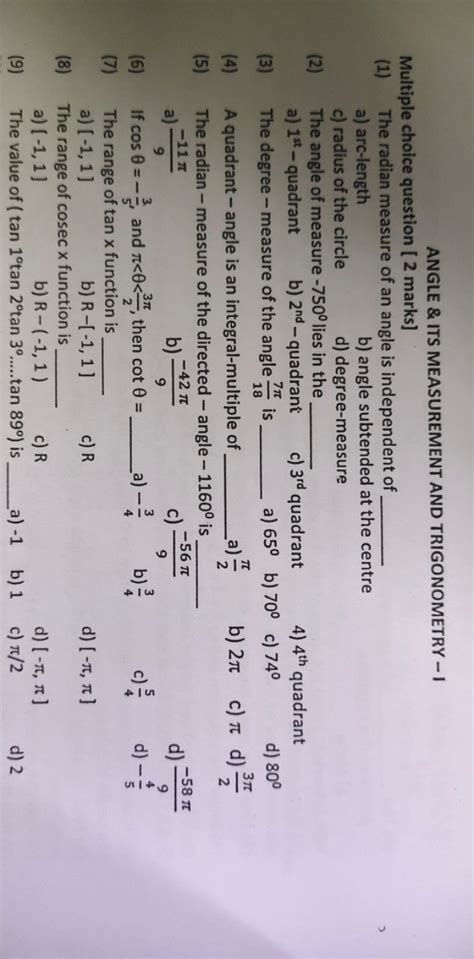 Angle And Its Measurement And Trigonometry Imultiple Choice Question