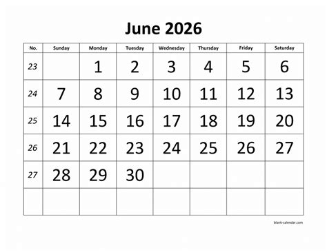 June 2026 Calendar Clipart