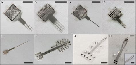 photographs of polymer microelectrode arrays manufactured by the pie
