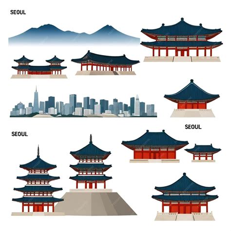 Un Conjunto De Edificios Japoneses Con Una Ciudad En El Fondo Vector