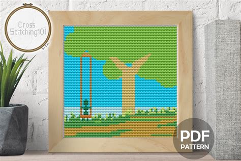 Landscape With Tree Swing Cross Stitch Graphic By Crossstitching Creative Fabrica