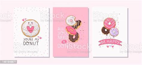 긍정적이고 멋진 글자가 있는 만화 다채로운 도넛 세트 메뉴 디자인 카페 장식 인사말 카드 포스터를 위한 유약 도넛 컬렉션 벡터 3차원 형태에 대한 스톡 벡터 아트 및 기타