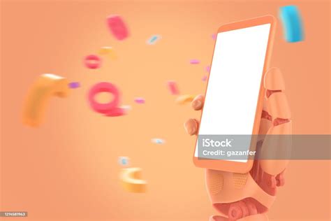 클리핑 경로 모형 템플릿 스톡 사진과 함께 배경에 격리 된 빈 흰색 화면이있는 스마트 폰을 들고있는 3d 렌더링 로봇 손 3차원 형태에 대한 스톡 사진 및 기타 이미지