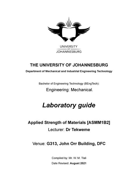Lab Guide For Bengtech Applied Strenght Of Materials Rev1 The University Of Johannesburg