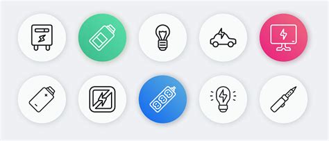 세트 라인 전기 확장 스마트 Tv 배터리 충전 크리 에이 티브 램프 조명 아이디어 자동차 납땜 인두 및 번개 아이콘 없음 벡터