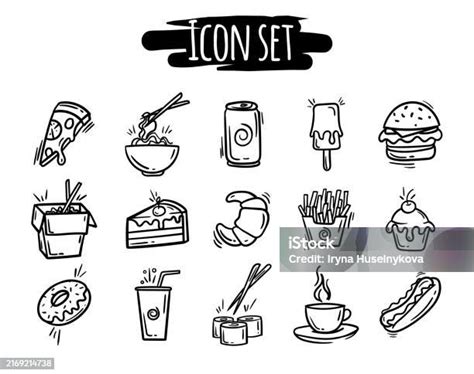 간단한 흑인과 백인 길거리 음식 아이콘의 벡터 세트입니다 패스트 푸드 중국 음식 음료 과자의 손으로 그린 표지판과 상징 메뉴 웹사이트 인쇄 인쇄 디자인을 위한 디자인 요소