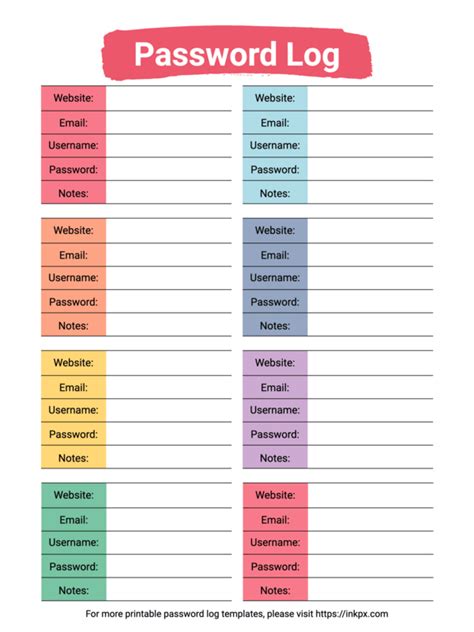 Free Printable Colorful Table Style Password Log Template · Inkpx