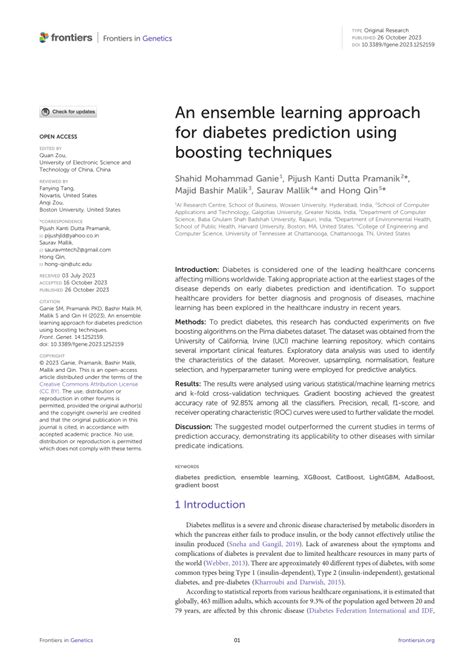 Pdf An Ensemble Learning Approach For Diabetes Prediction Using Boosting Techniques