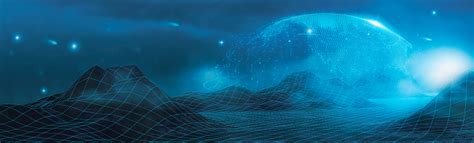 미래파 와이어프레임 풍경 산 스카이 클라우드 배경 계곡 구조 공상 과학 네온 빛 네트워크 그리드 연결 추상 3d 기술 일러스트레이션 3d 렌더링 배너 헤더 파노라마 와이어