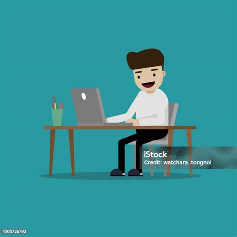 젊은 남자 프리랜서 컴퓨터 책상에 노력 하 고 채팅 평면 캐릭터 디자인 Brand Name Online Messaging