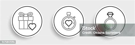 세트 라인 결혼 반지 선물 상자와 하트와 하트 중앙 스톱워치 아이콘 벡터 결혼식에 대한 스톡 벡터 아트 및 기타 이미지 결혼식 공휴일 기념일 Istock