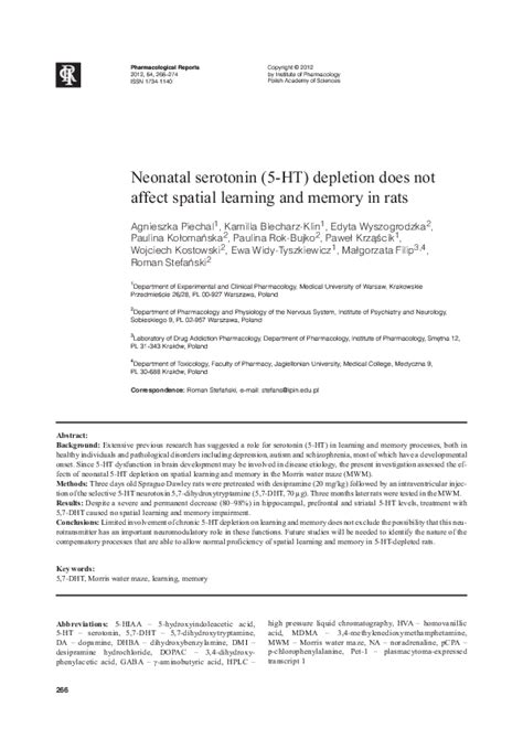 Pdf Neonatal Serotonin 5 Ht Depletion Does Not Affect Spatial Learning And Memory In Rats