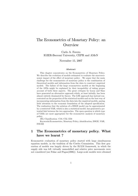 PDF The Econometrics Of Monetary Policy An Overview