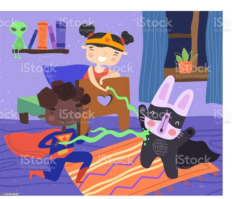 녹색 에너지 빔토끼를 폭파하는 동안 슈퍼 히어로 의상을 입고 침실에 앉아 아이들의 그림 귀여운에 대한 스톡 벡터 아트 및 기타 이미지 귀여운 놀기 다민족 그룹