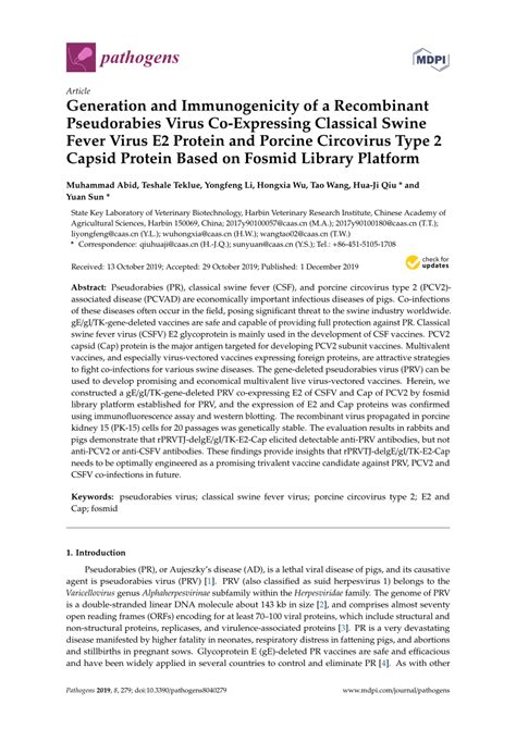 Pdf Generation And Immunogenicity Of A Recombinant Pseudorabies Virus Co Expressing Classical
