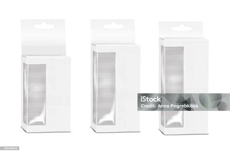 얇은 흰색 판지 플랩 뚜껑 헤더 탭 및 유로 슬롯 행거가 있는 투명 창 상자 사실적인 3d 벡터 모형 세트 교수형 구멍이 있는 판지 용기 모형 키트 편집하기 쉬움 포장에