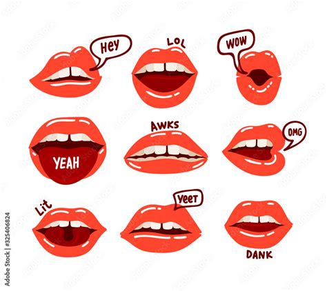 Woman Mouth Set Red Sexy Lips Expressing Different Emotions As Happy Smiling Seduction Show