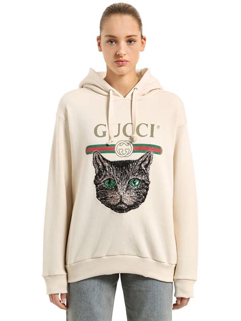 Gucci Hooded Cat And Logo Printed Sweatshirt In Ivory Modesens Gucci