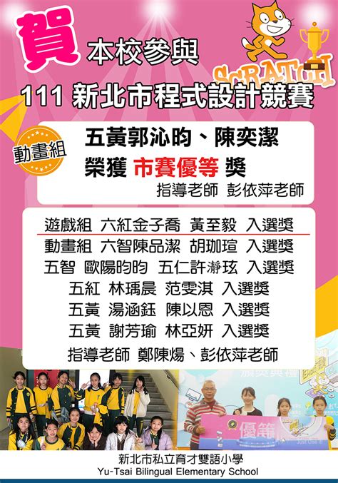 賀 本校參與 111 新北市程式設計競賽 五黃郭沁昀、陳奕潔 榮獲 動畫組 市賽優等 獎 指導老師 彭依萍老師 遊戲組 六紅金子喬、黃至毅