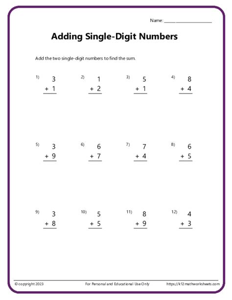Single Digit Addition Worksheets Printable Math Resources