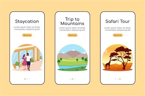 여름 휴가 아이디어 온보딩 모바일 앱 화면 평면 벡터 템플릿 둘러보기 웹 사이트 풍경이 있는 3단계 크리에이티브 대상 Ux Ui Gui 스마트폰 만화 인터페이스