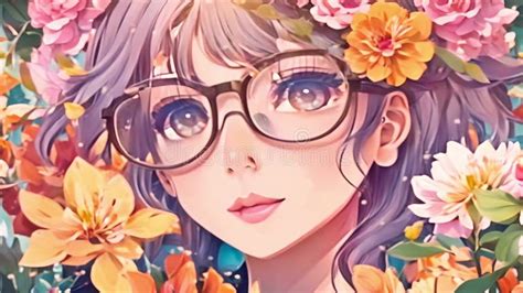Illustrated Anime Girl With Glasses Surrounded By Vibrant Flowers