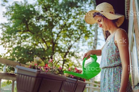 봄 가을 저녁 날에 여름 드레스와 모자를 입고 물 양동이를 사용하여 홈 하우스의 발코니에 식물 꽃을 물을 주는 젊은 아름다운 여성 가정 생활에 대한 스톡 사진 및 기타